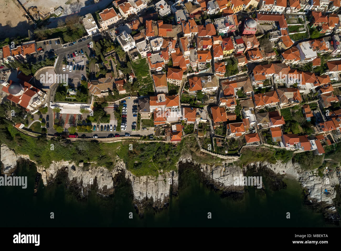 Aerial view the city of Kavala in northern Greek, ancient aqueduct ...