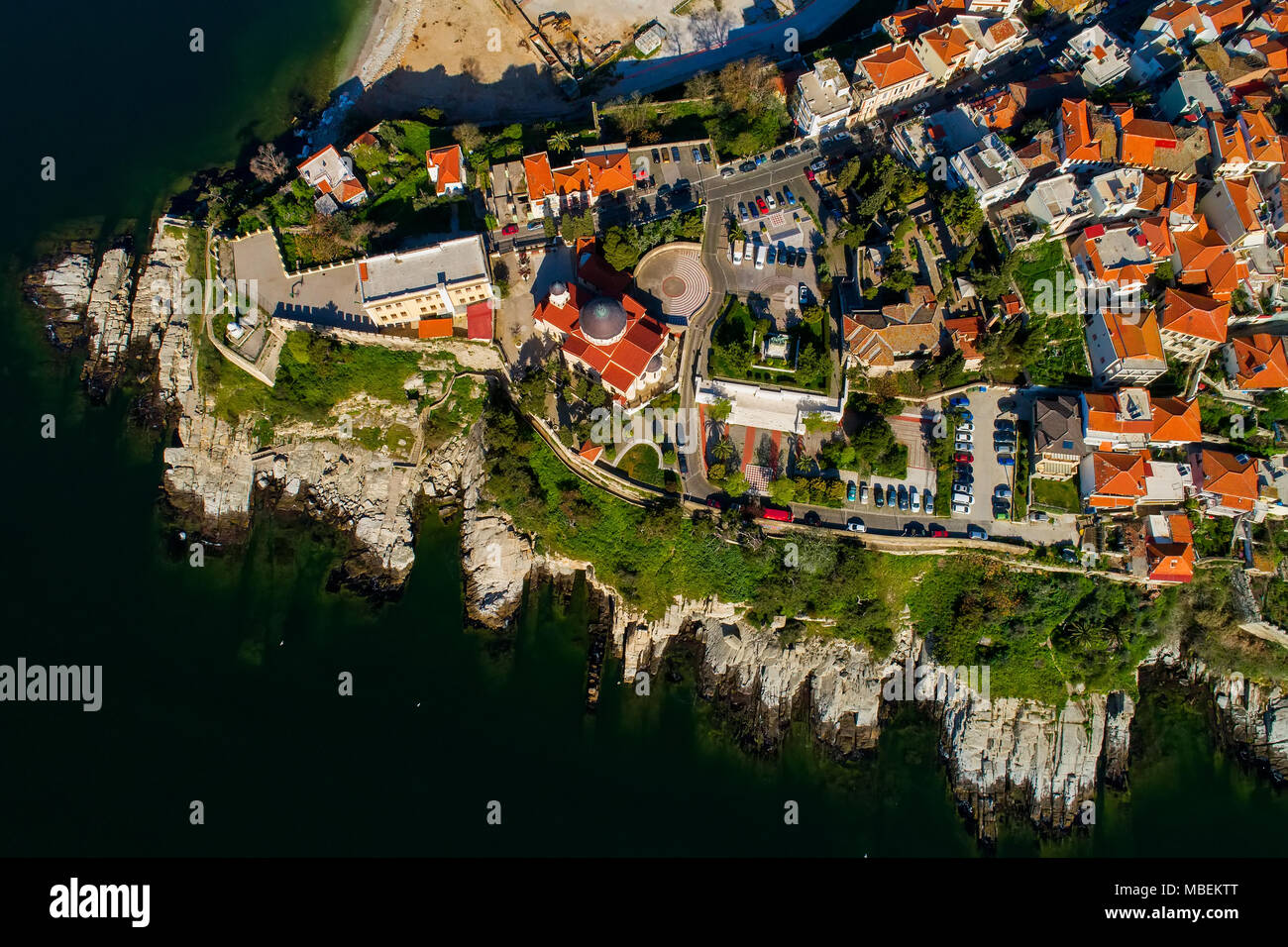 Aerial view the city of Kavala in northern Greek, ancient aqueduct ...