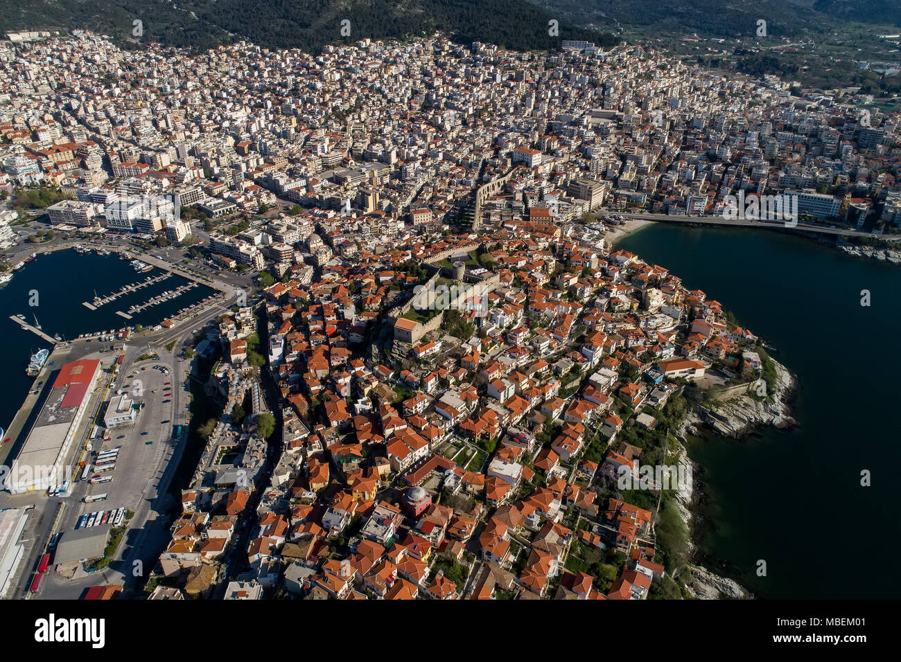 Aerial view the city of Kavala in northern Greek, ancient aqueduct ...