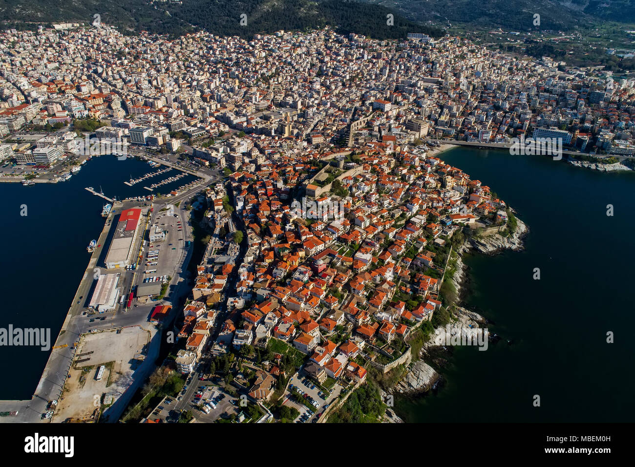 Aerial view the city of Kavala in northern Greek, ancient aqueduct ...