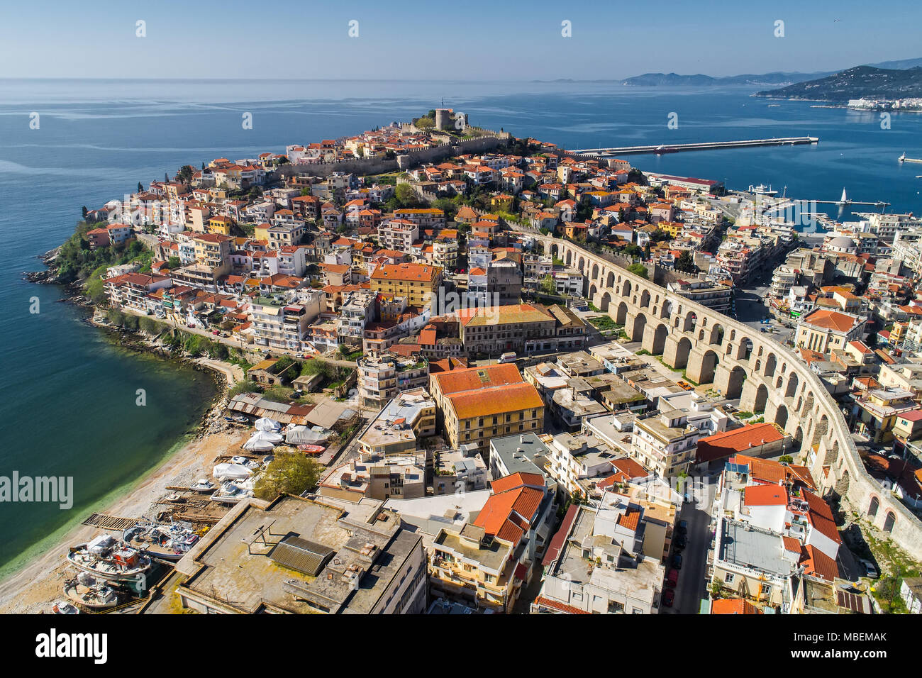 Aerial view the city of Kavala in northern Greek, ancient aqueduct ...
