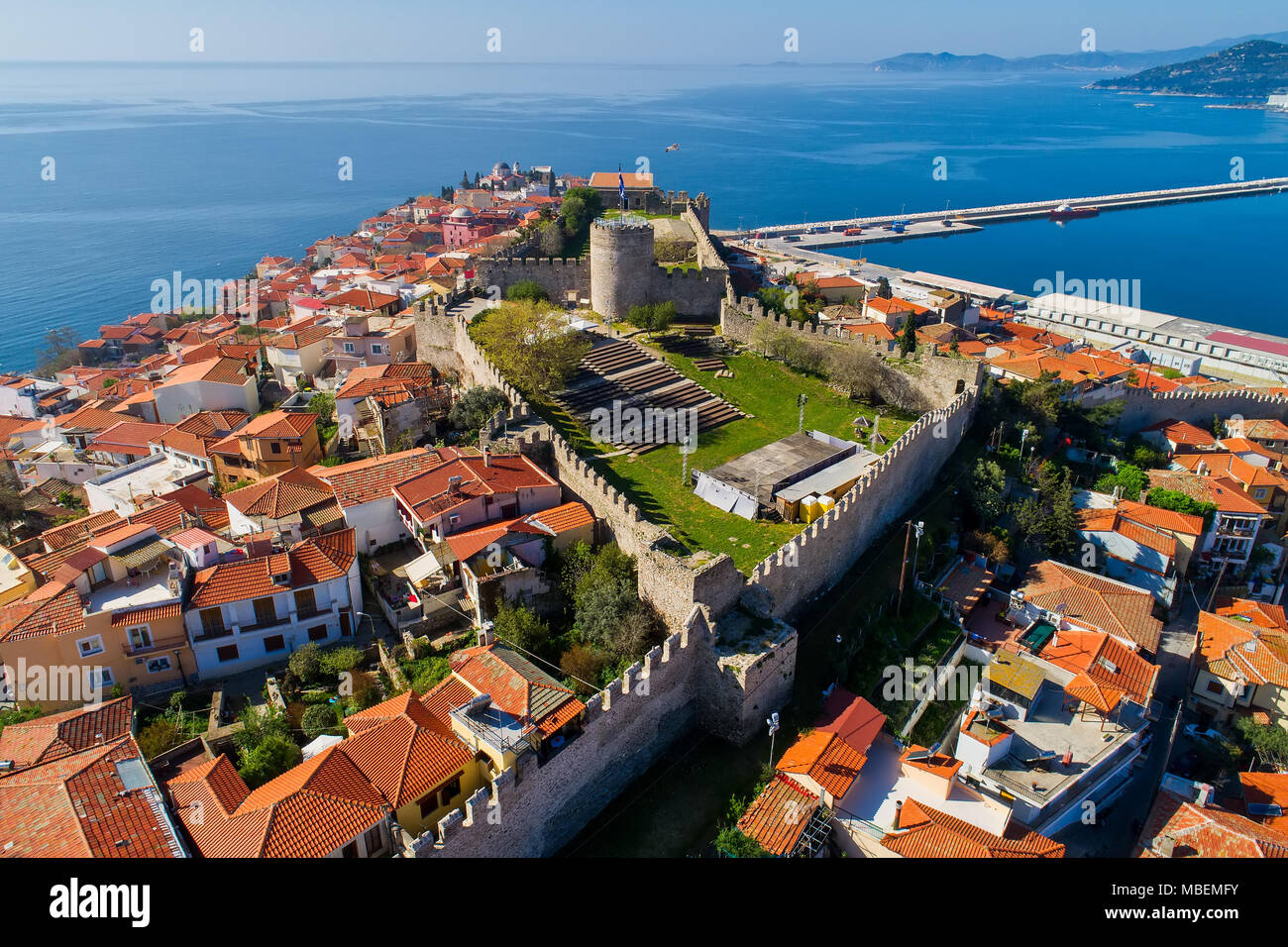 Aerial view the city of Kavala in northern Greek, ancient aqueduct ...
