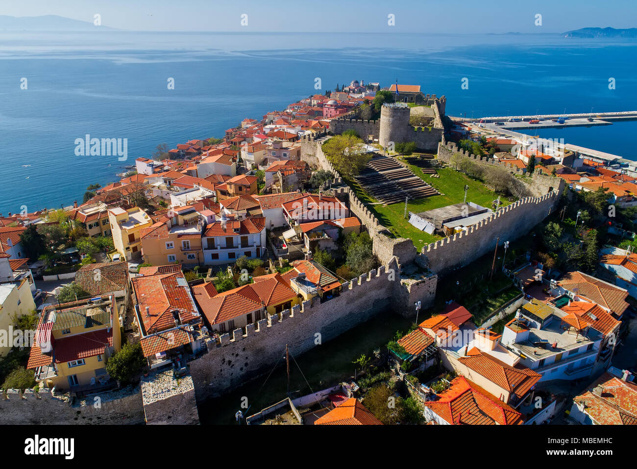 Aerial view the city of Kavala in northern Greek, ancient aqueduct ...
