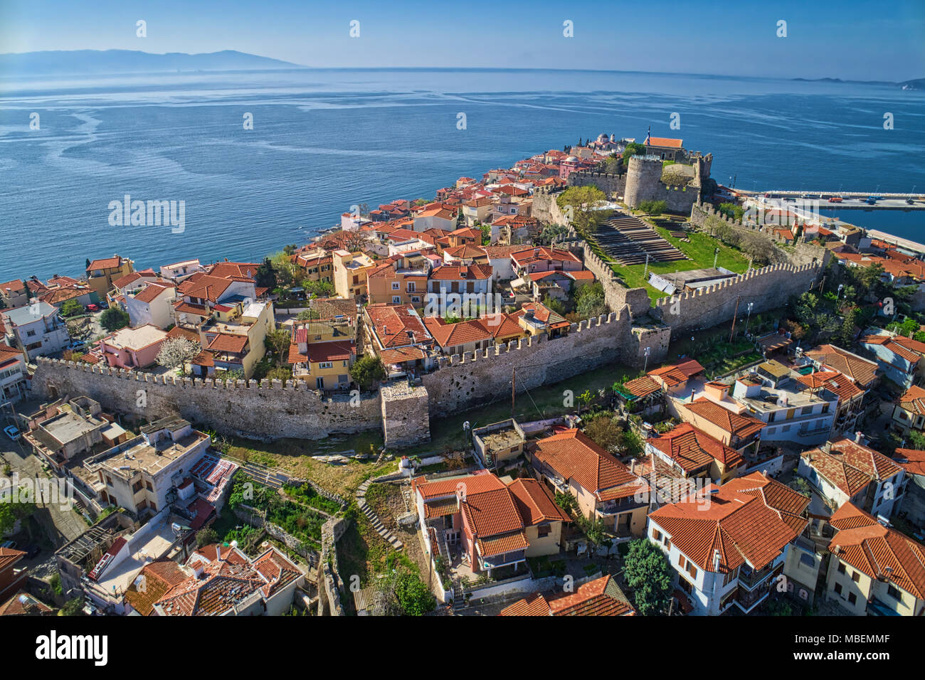 Aerial view the city of Kavala in northern Greek, ancient aqueduct ...