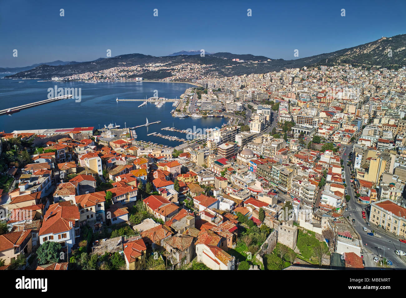 Aerial view the city of Kavala in northern Greek, ancient aqueduct ...