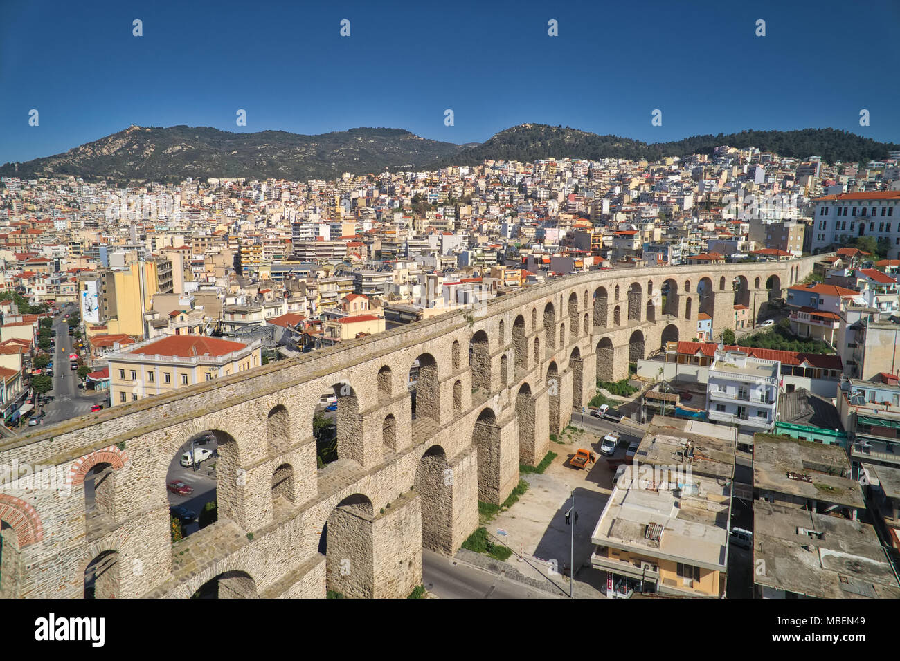 Aerial view the city of Kavala in northern Greek, ancient aqueduct ...