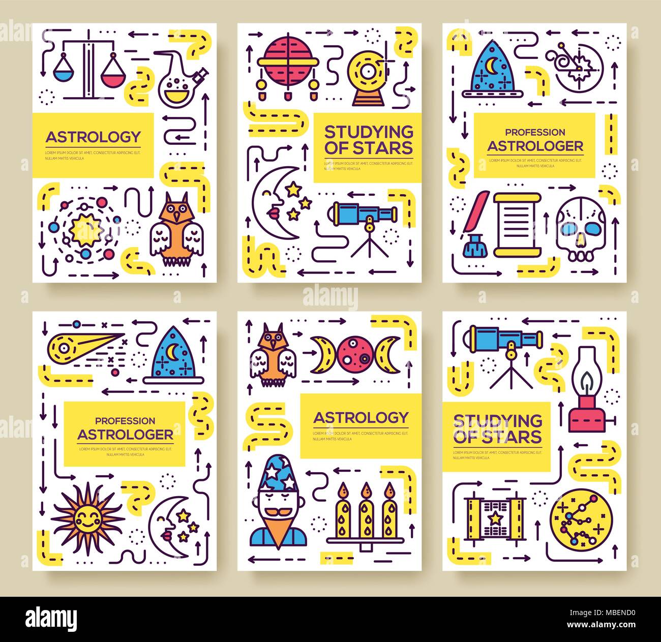 Astrology thin line brochure cards set. The colorful template of flyear ...