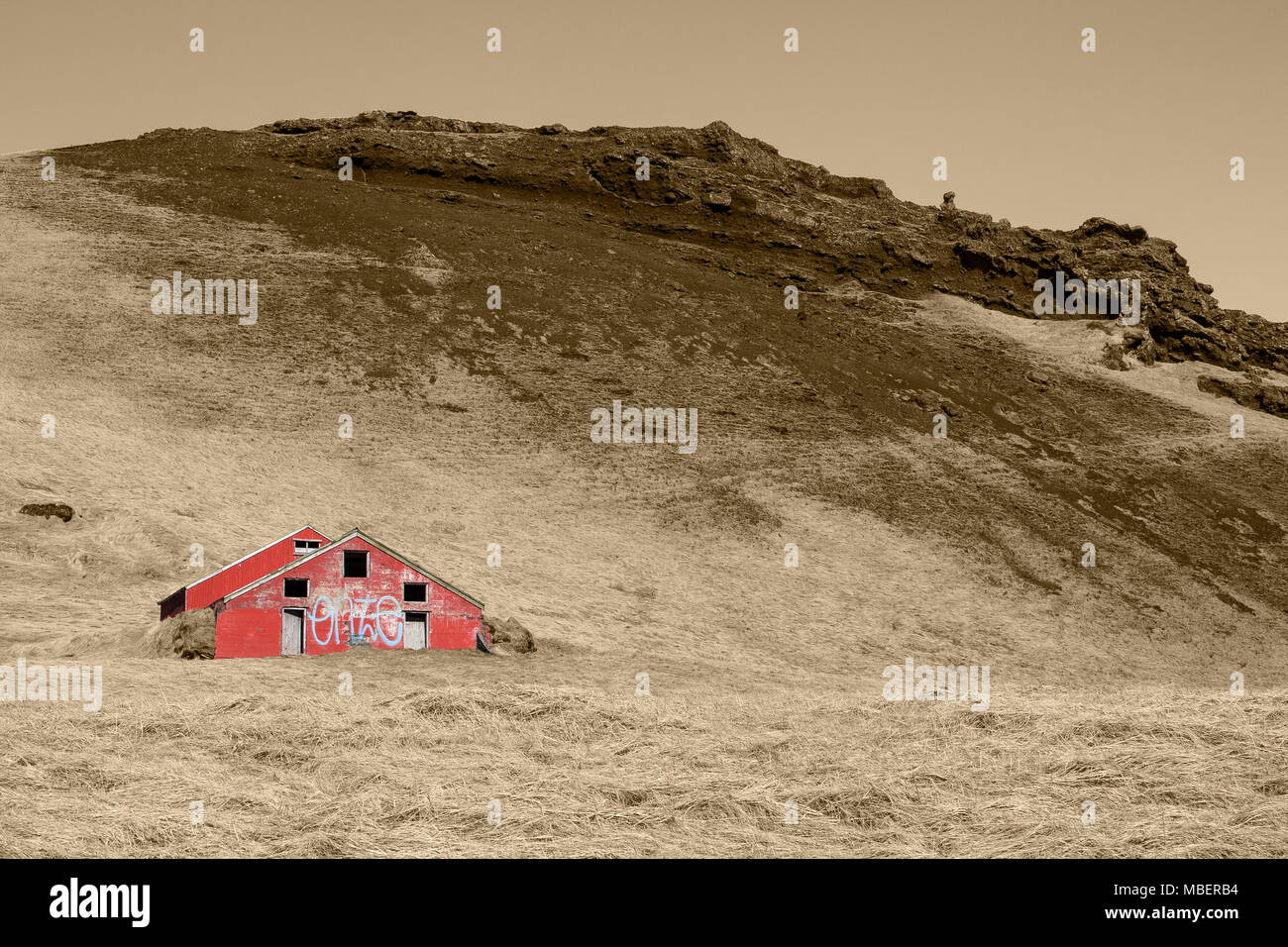 Red hut in hills Stock Photo - Alamy