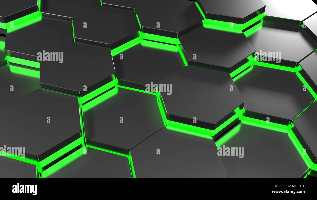 Hexagonal technological texture with green lights - 3D rendering Stock ...