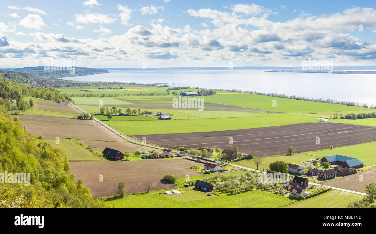 Aerial view over rural landscape at spring by the lake Vattern at ...