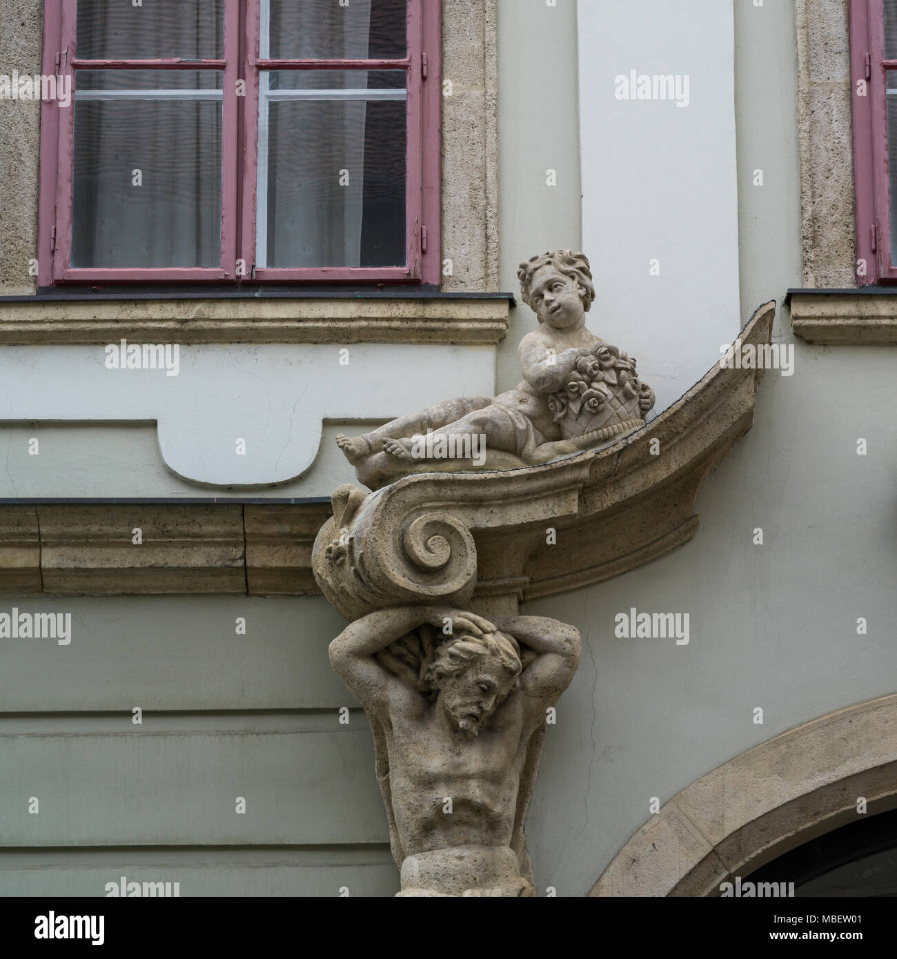 Statues carved on exterior wall of castle, Buda Castle, Budapest ...