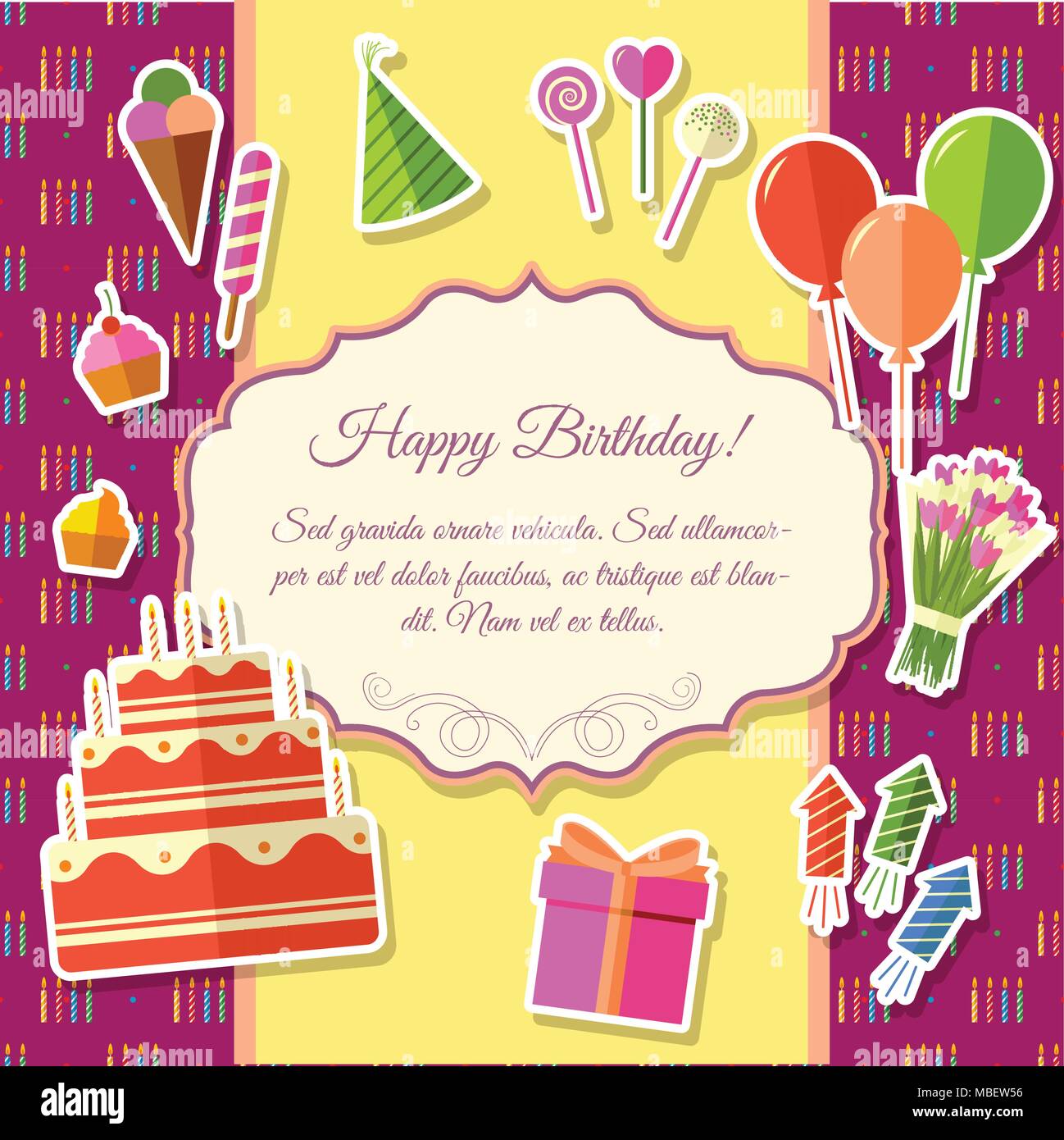 Happy birthday festive elements on pink background poster in sticker ...