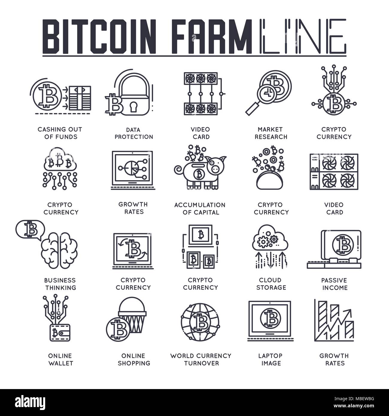 Bitcoin outline icons collection set. Modern technologies linear symbol ...
