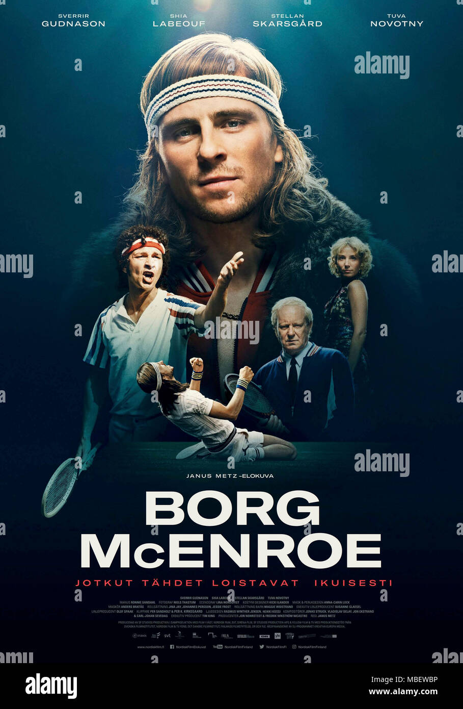 BORG VS MCENROE, (aka BORG MCENROE), Finnish poster, from left: Shia LaBeouf as John McEnroe ...
