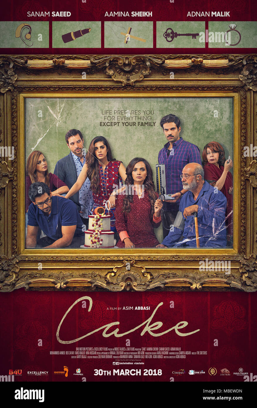 CAKE, poster, Faris Khalid (front left), Sanam Saeed (behind cake ...