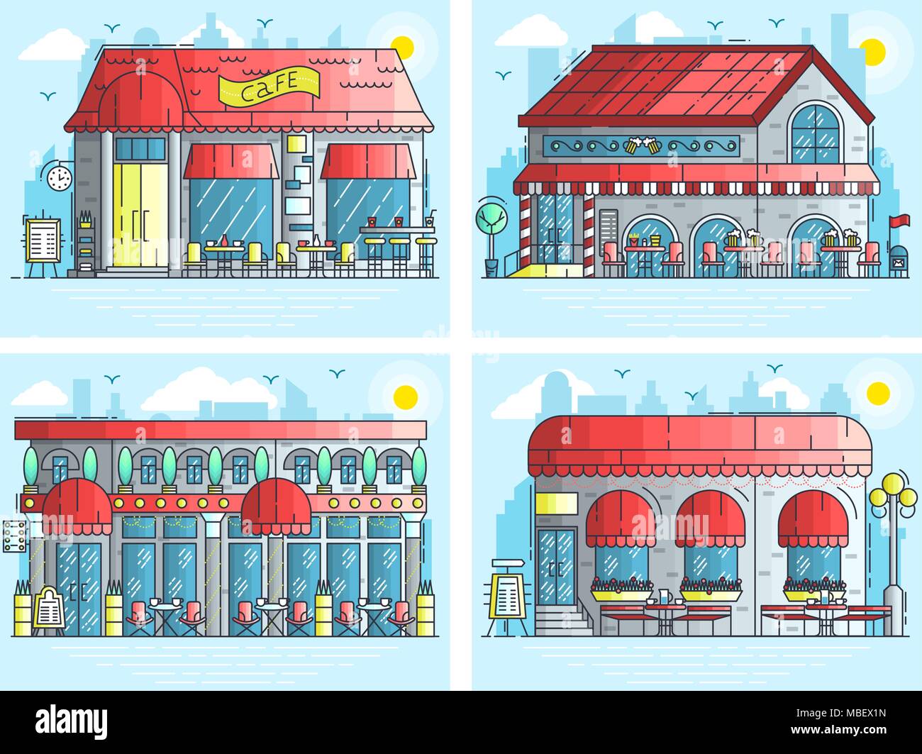 Set of exteriors of little cute cafe buildings on the street. Layout ...