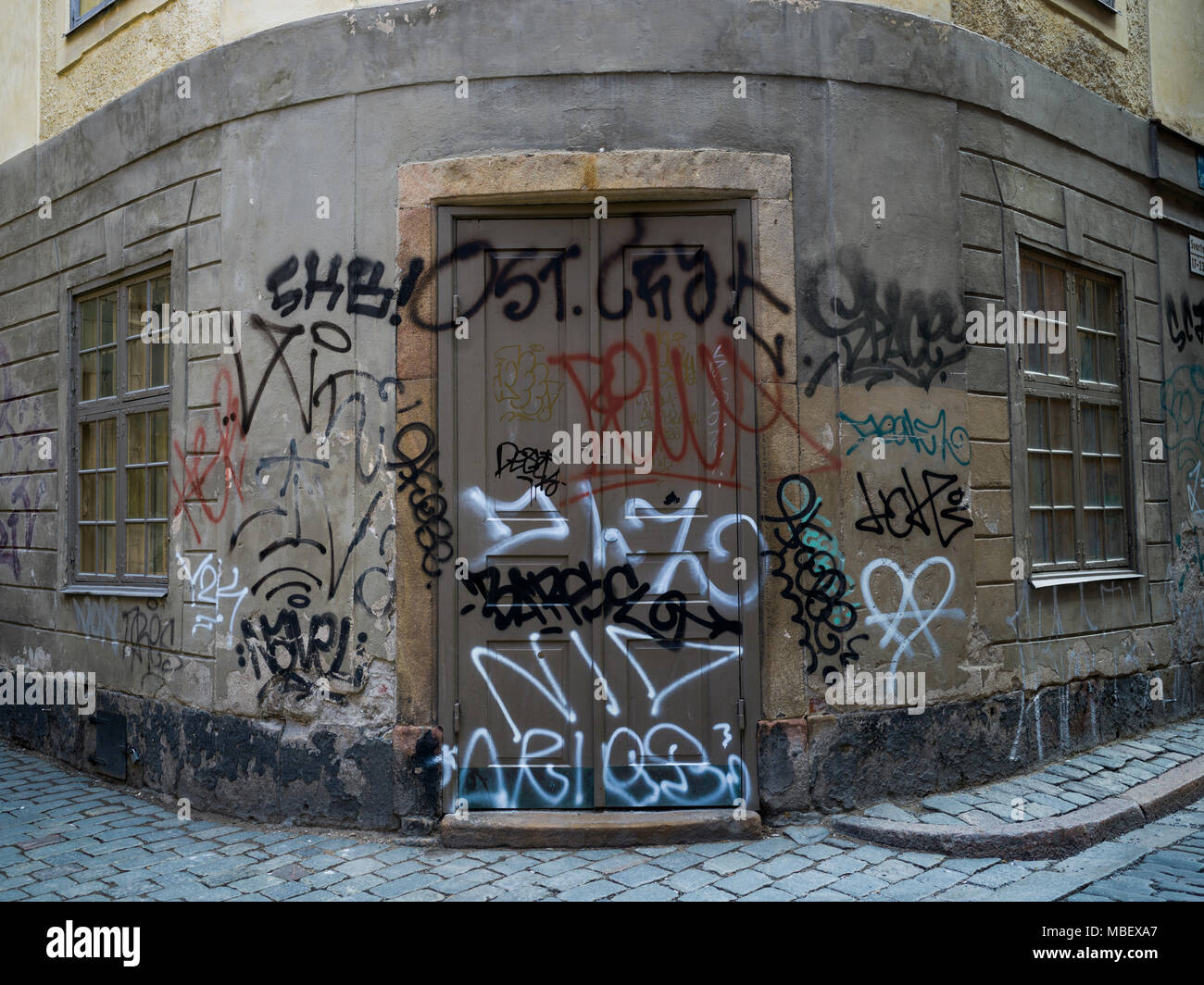 Facade of graffiti covered building, Gamla Stan, Stockholm, Sweden ...