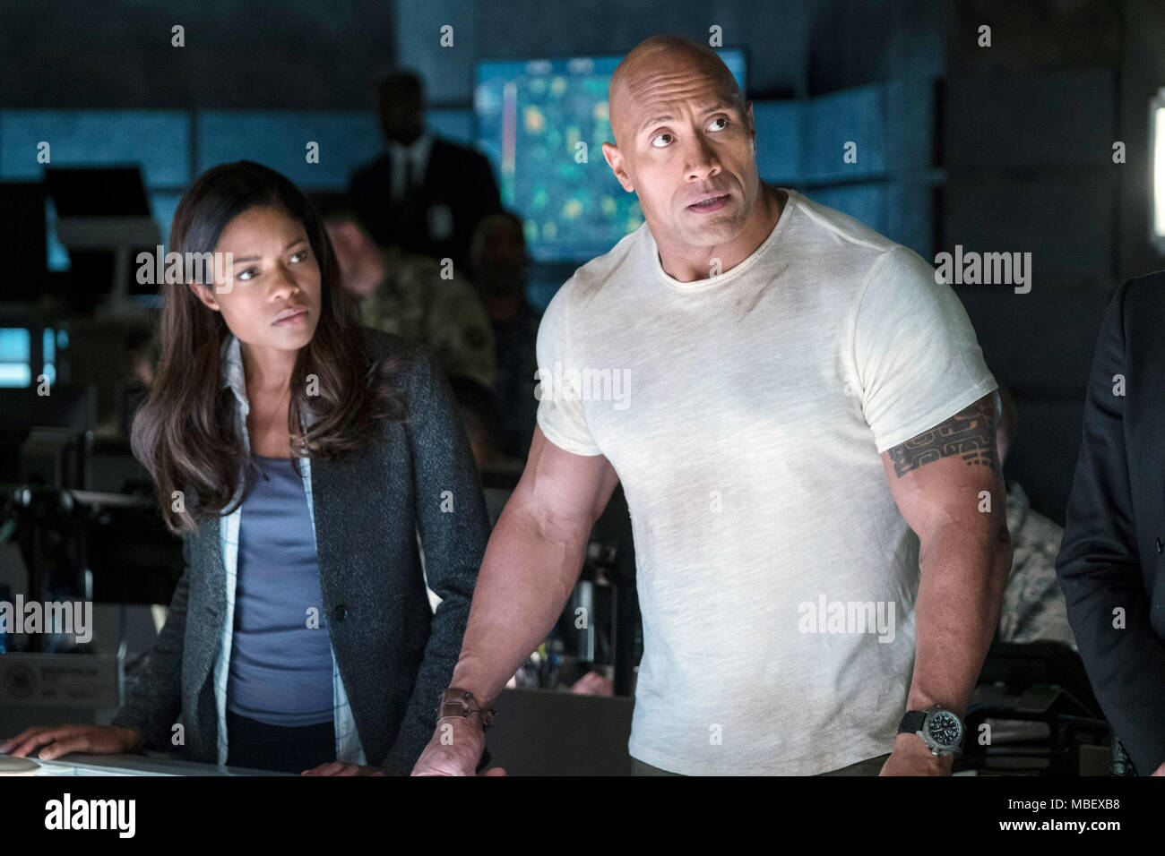 RAMPAGE, from left: Naomie Harris, Dwayne Johnson, 2018. ph: Frank Masi ...