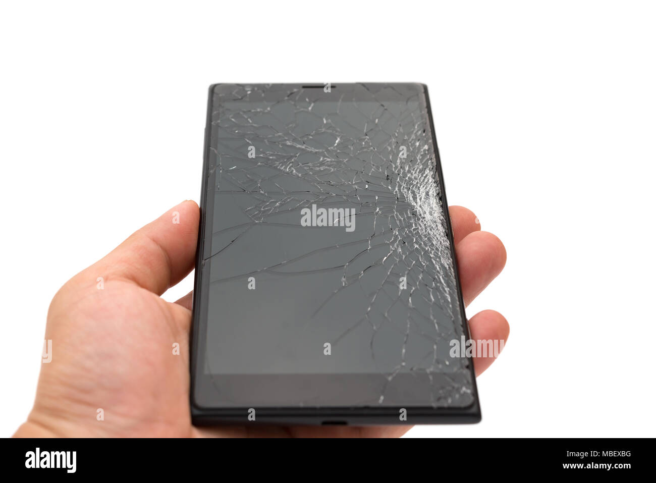hand holding a mobile with broken screen on white Stock Photo - Alamy