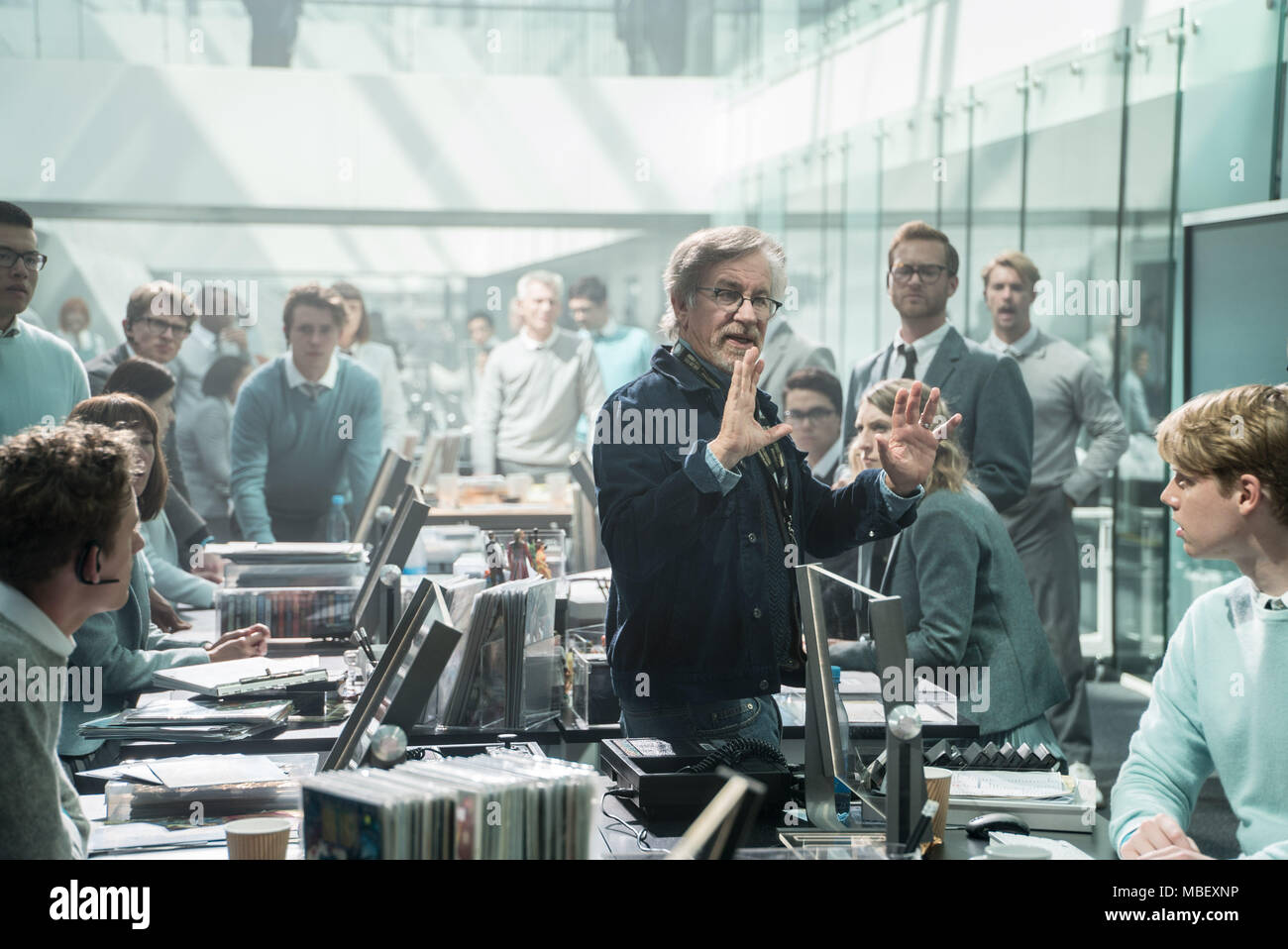 READY PLAYER ONE, director Steven Spielberg (center), on set, 2018. ph ...