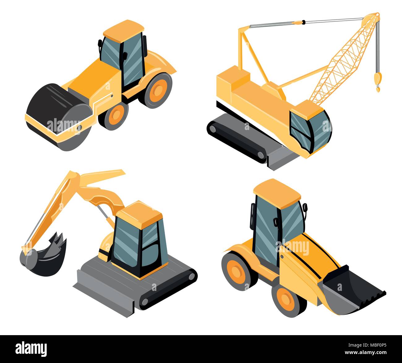 Set of construction machinery. Road roller, excavator, crane. Default ...