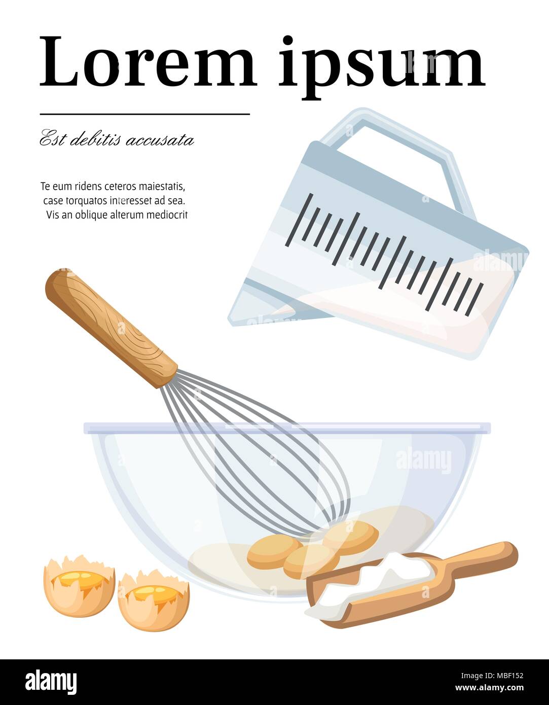 Flour and yolk. Cooking process with wooden shovel, measuring cup and ...