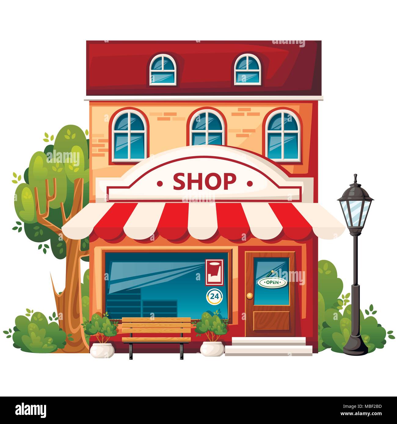 Shop front view. City design elements. Cartoon style design. Store with ...