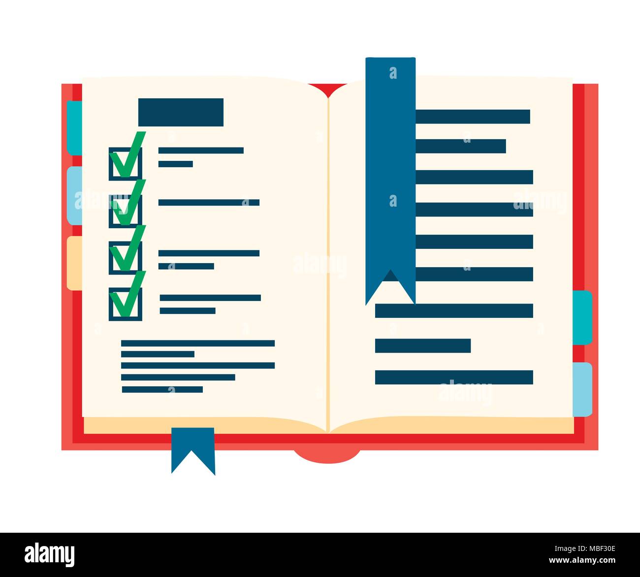 Notepad with bookmark. Checkboxes and filled fields. Book with to do ...