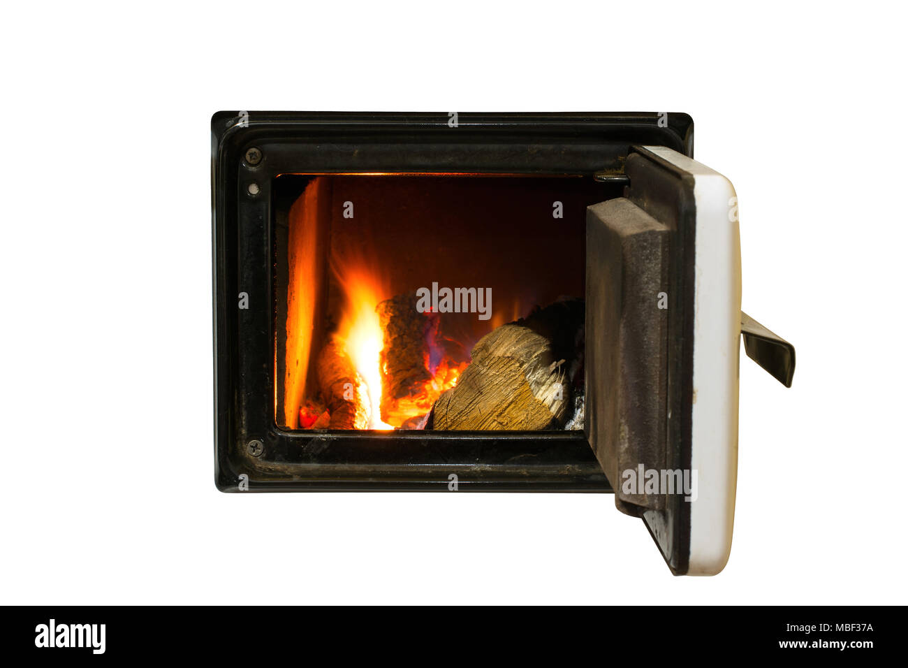 Firebox with a hardwood log laid inside a furnace. Flames and an ember ...
