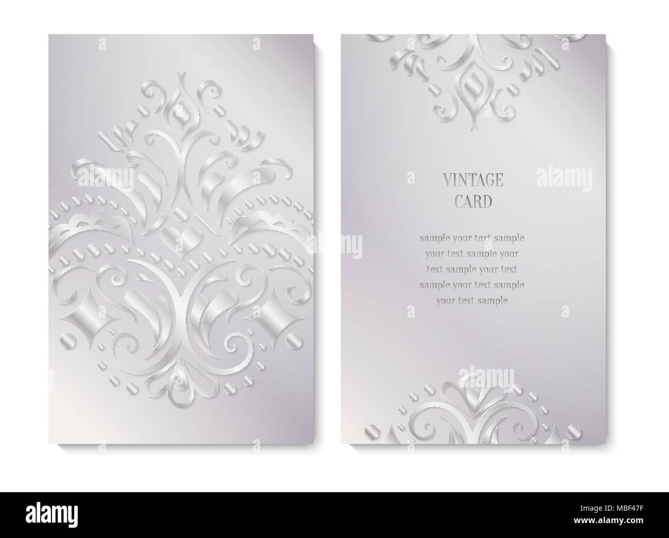 Vintage silver cards or invitations with floral design element. Ethnic ...