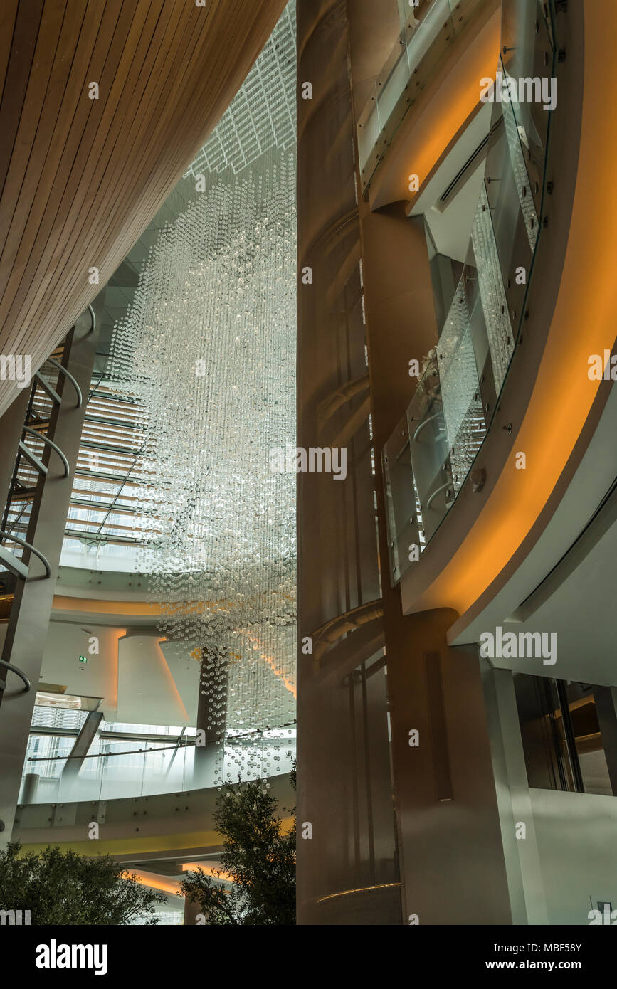 A glass globe chandelier at the Dubai Opera building in downtown Dubai ...