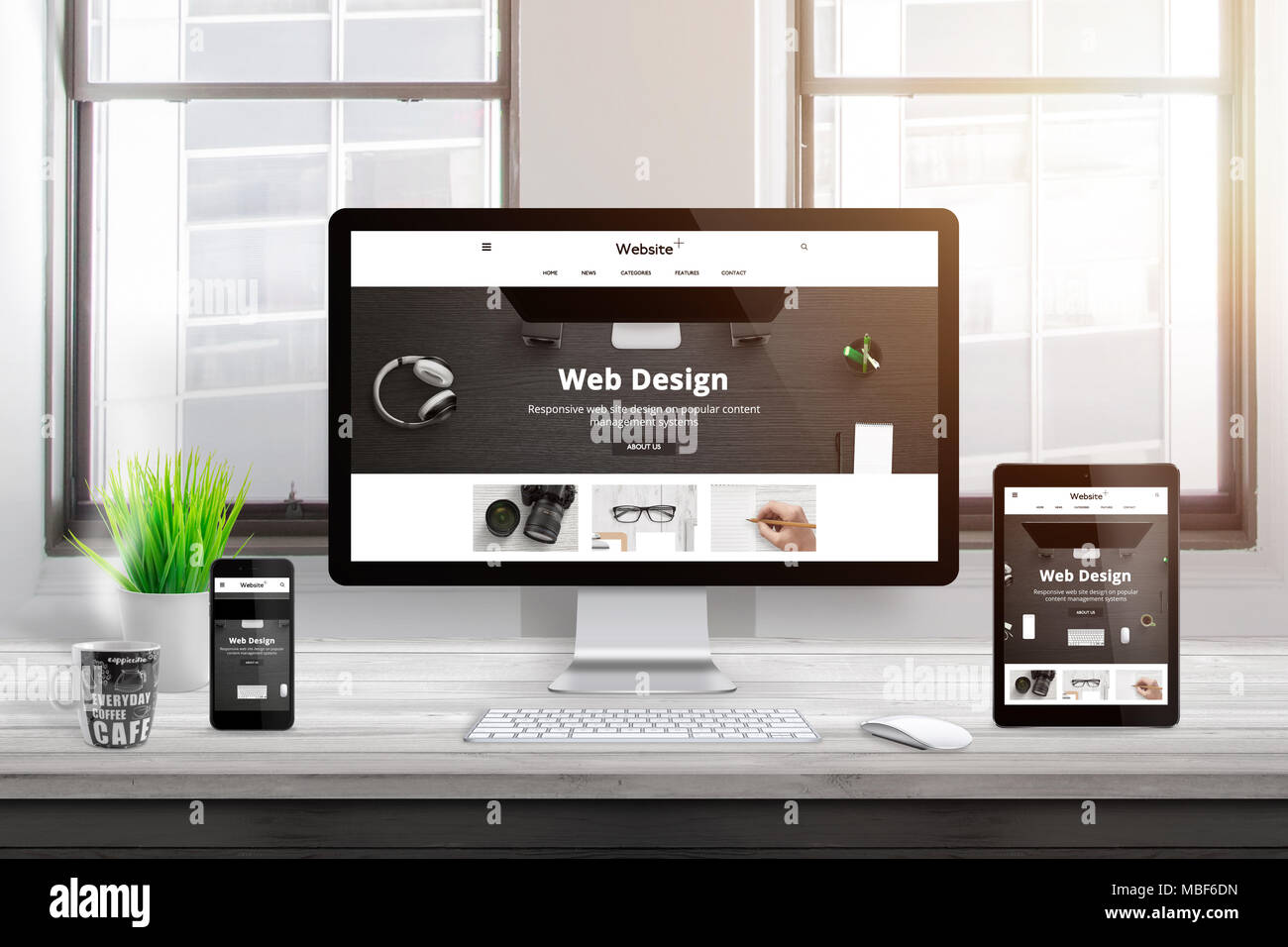 Modern responsive flat web site design presentation on computer, tablet and smart phone display ...