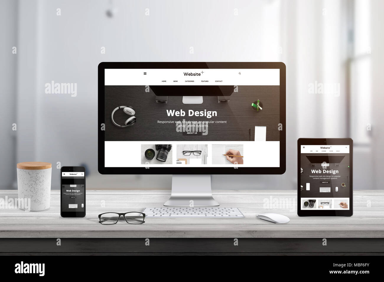 Modern web site flat design theme presentation on responsive display ...