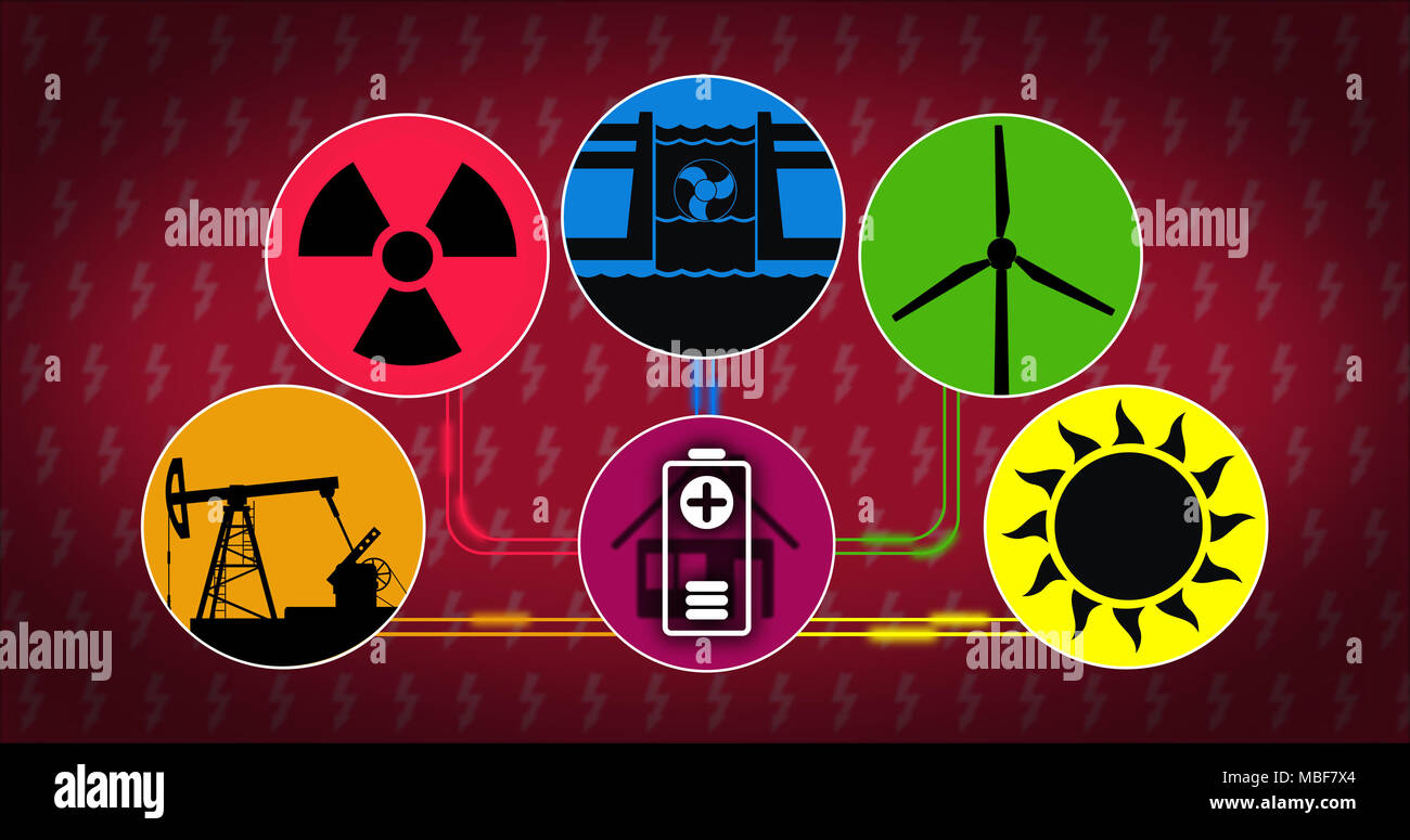 Electricity production and energy consumption concept. Symbols of ...