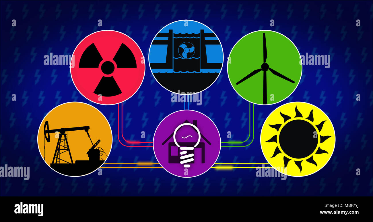 Electricity production and energy consumption concept. Symbols of ...