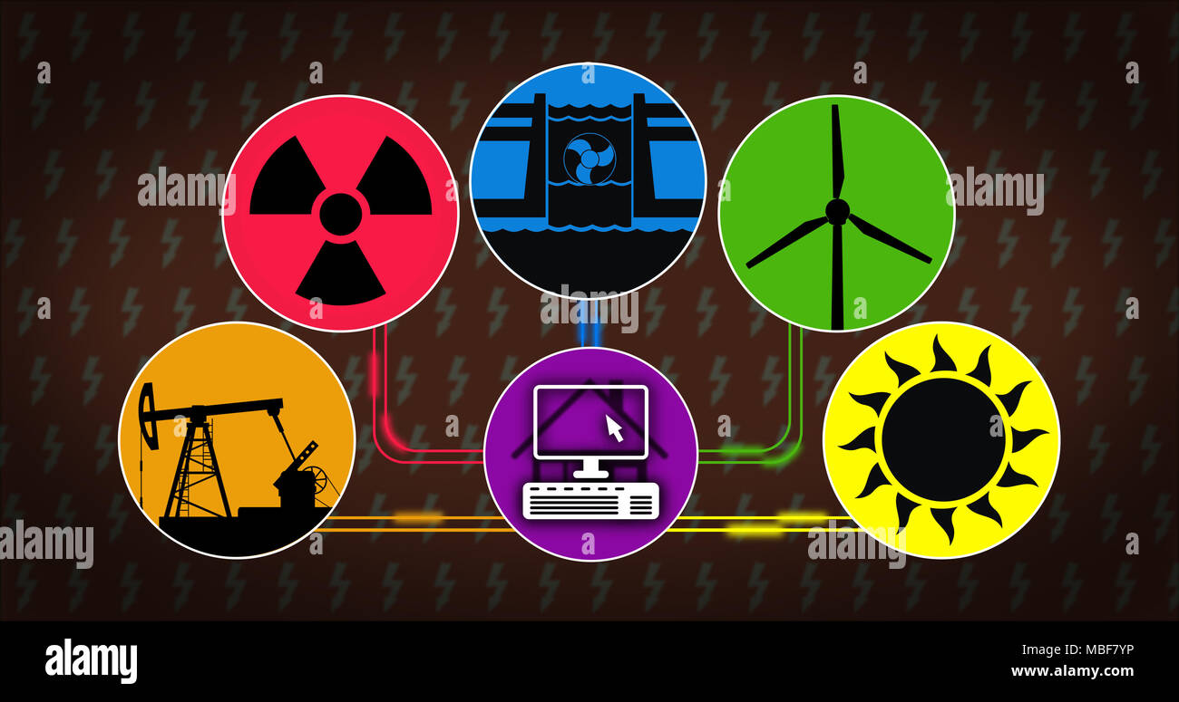 Electricity production and energy consumption concept. Symbols of ...