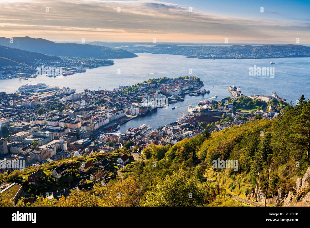 View of Bergen Norway cityscape from Floyen mountain at sunset Stock ...