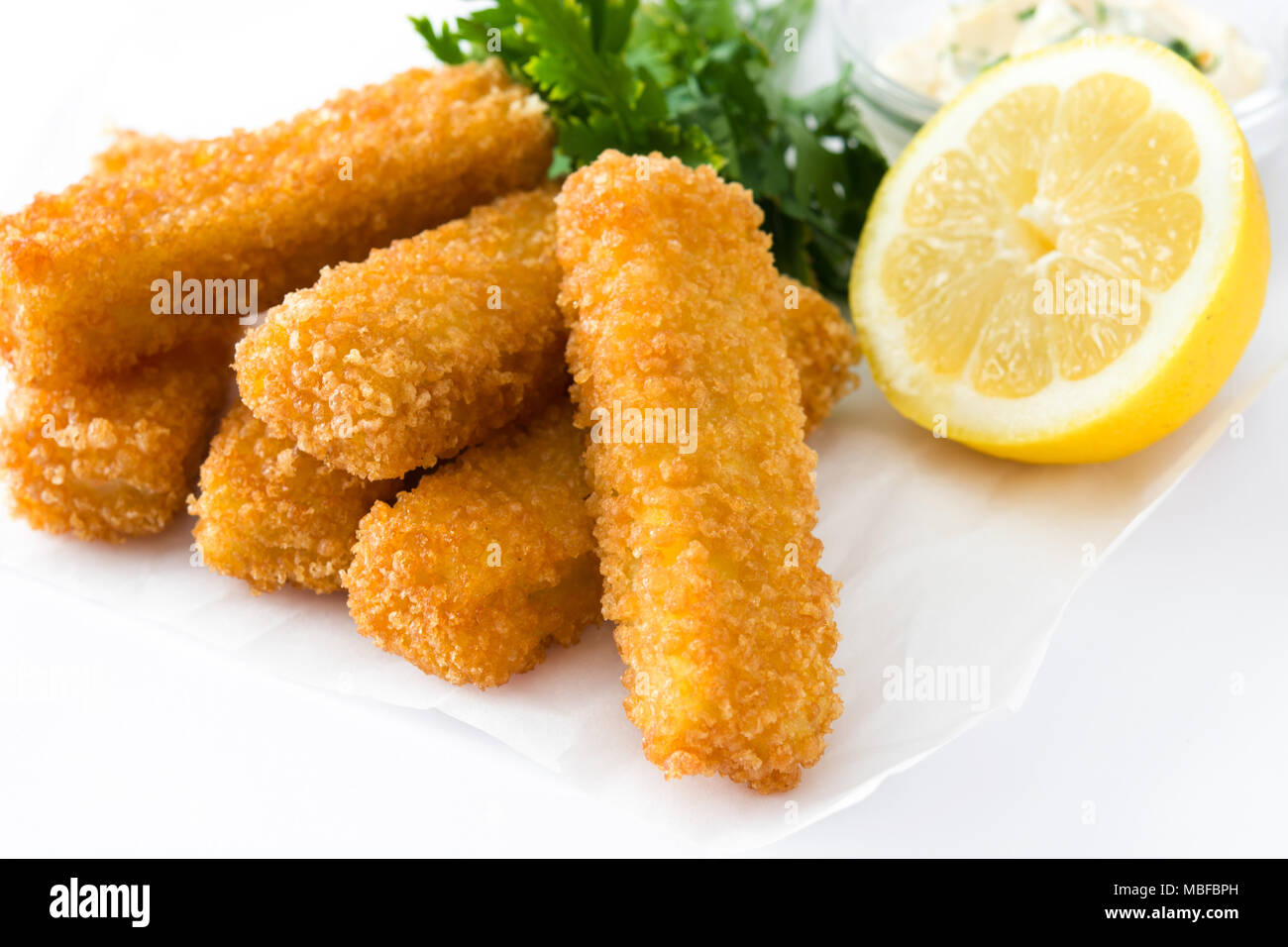 crispy fried fish fingers isolated on white background Stock Photo - Alamy