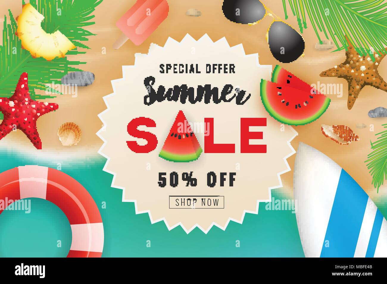 Summer sale banner background design with summer decoration. Vector ...
