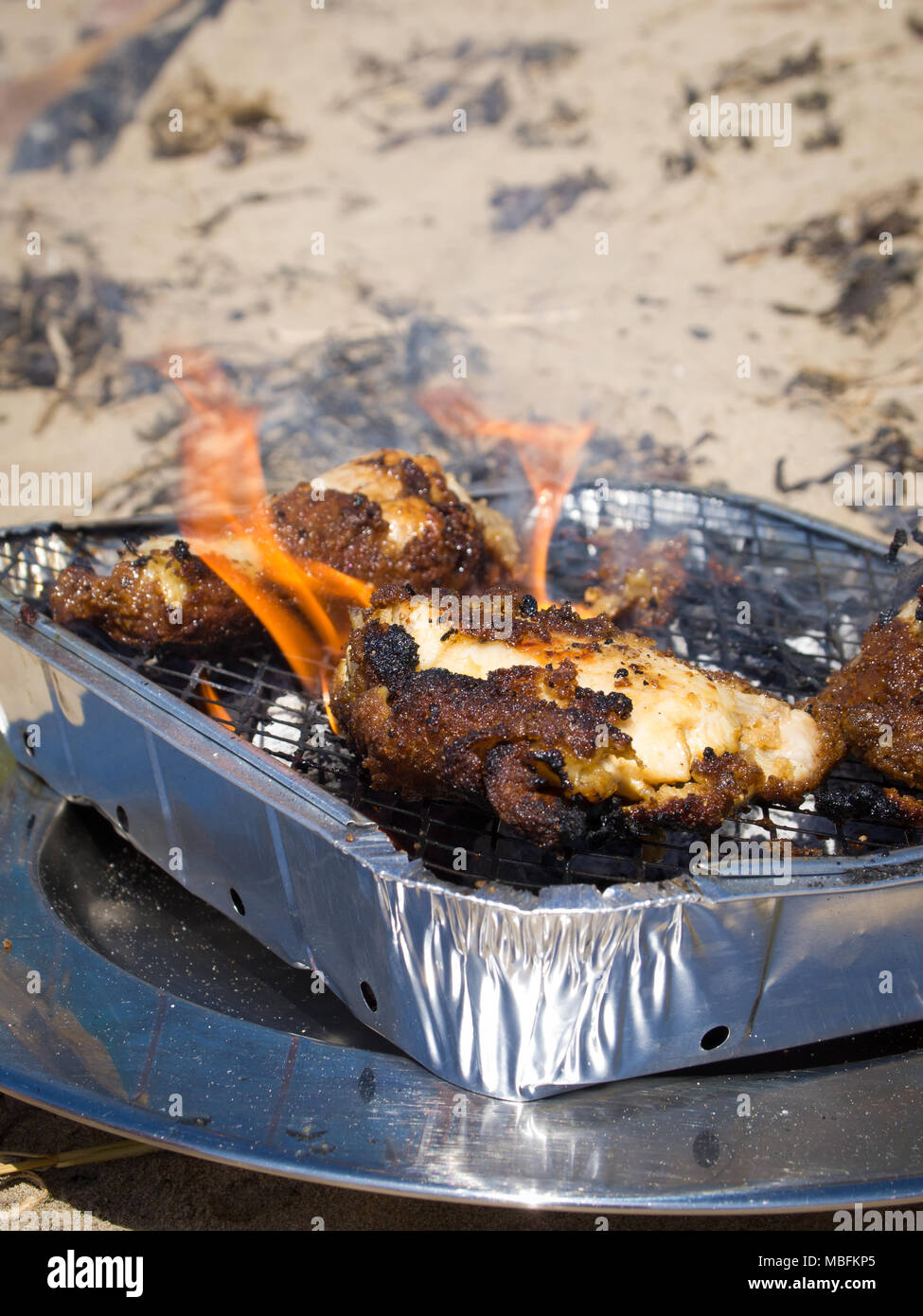 Barbecue on sandy beach during sunny day using disposable BBQ Stock ...
