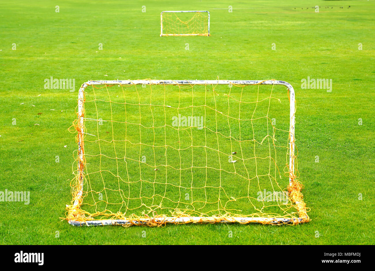 Small football field with two small goals outdoors on green grass ...