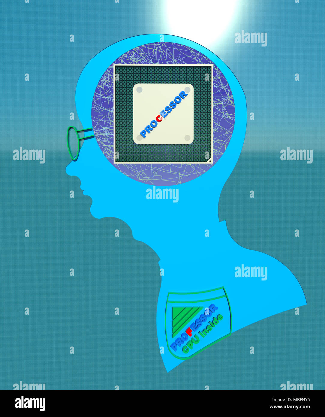 Artificial intelligence 3D illustration. Professor CPU inside ...