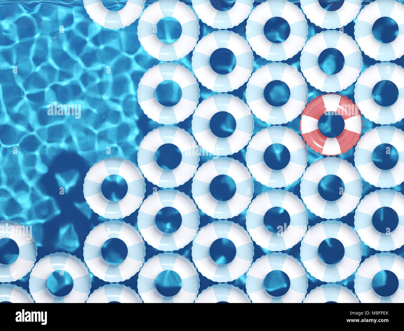 unique red float ring between blue float rings in pool. 3d rendering ...