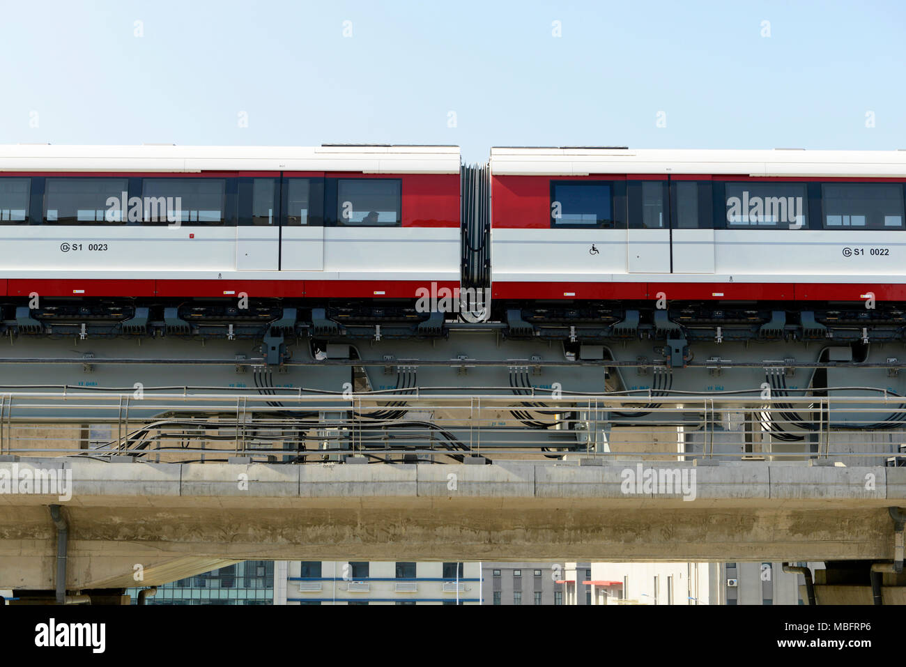 Close up of a maglev train as it departs from Shichang terminus station ...