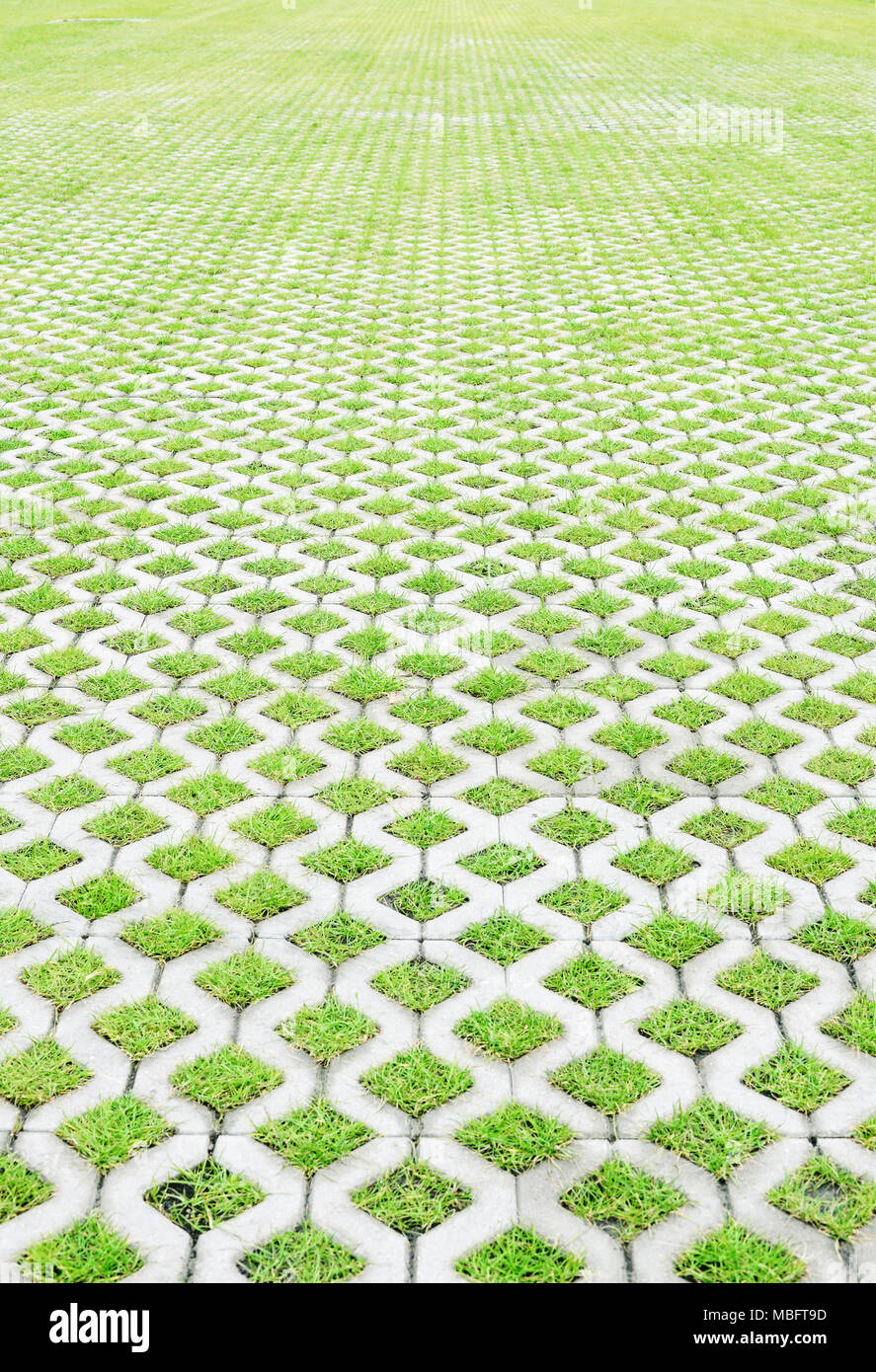 Large empty eco-friendly parking of concrete cells and green turf grass ...