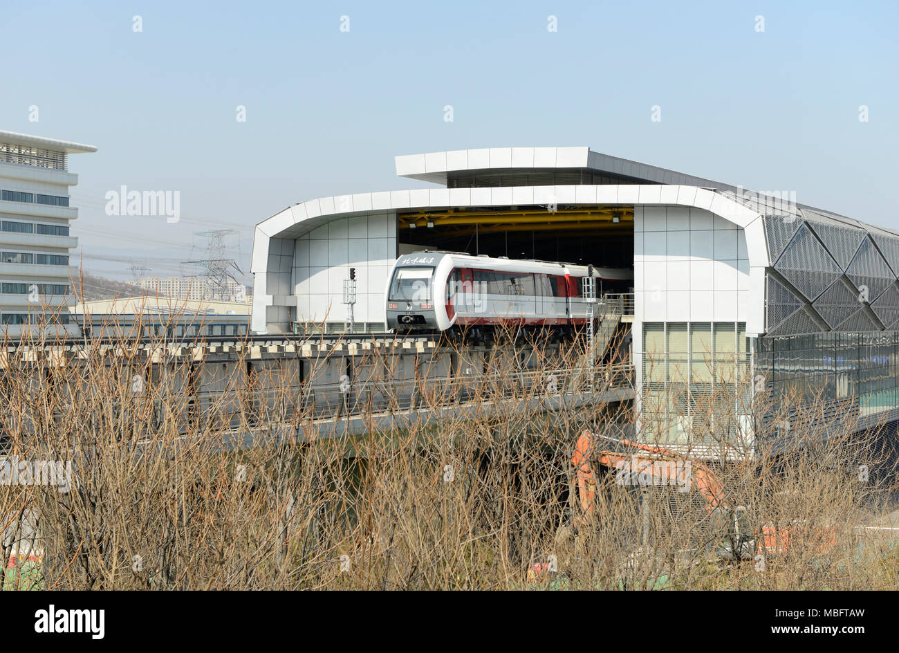 Maglev train enters Shichang terminus station on the S1 line in western ...