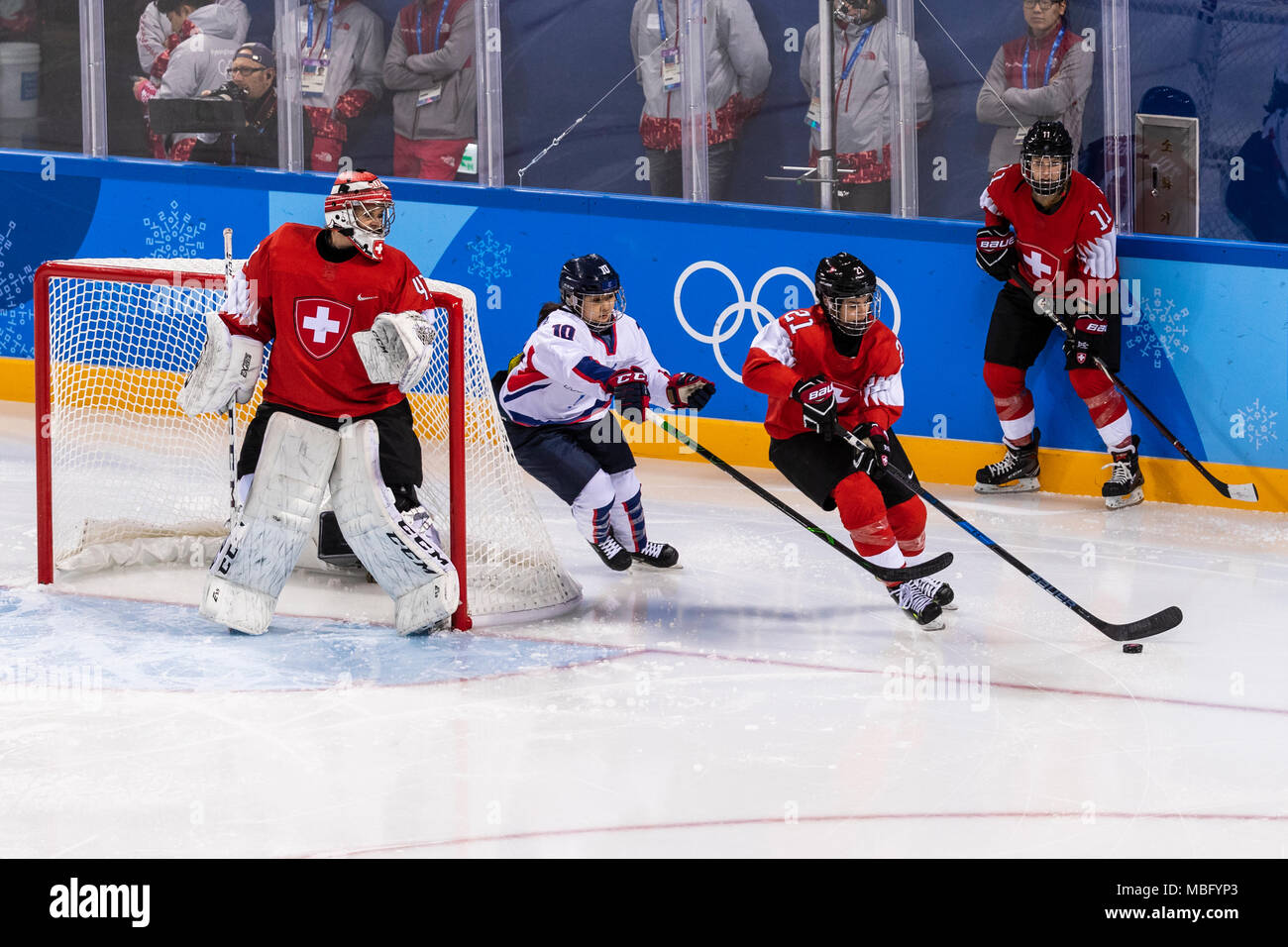 Florence Schelling (SUI) #41 goalie and Laura Benz (SUI) #21 and Jiyeon ...