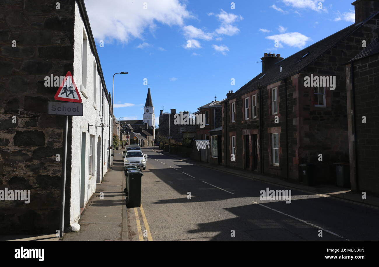 Comrie street scene with White Church Scotland April 2018 Stock Photo ...