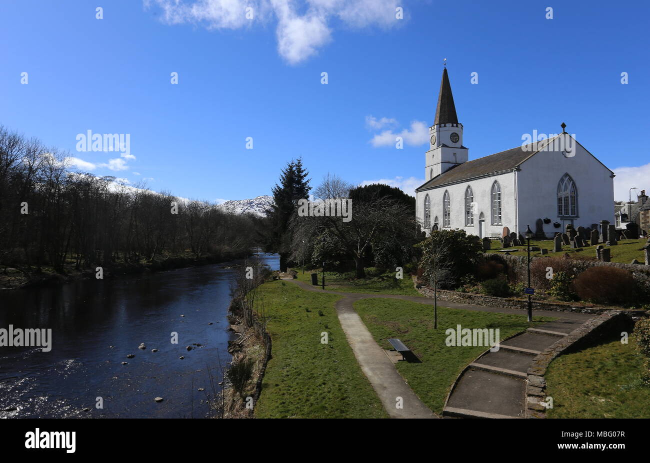 White Church and River Earn Comrie Scotland April 2018 Stock Photo - Alamy
