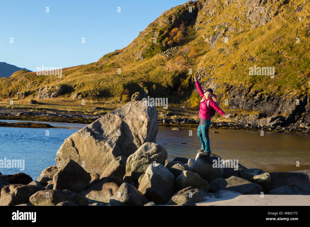 Exploring at the beach in Lofoten, Norway Stock Photo - Alamy